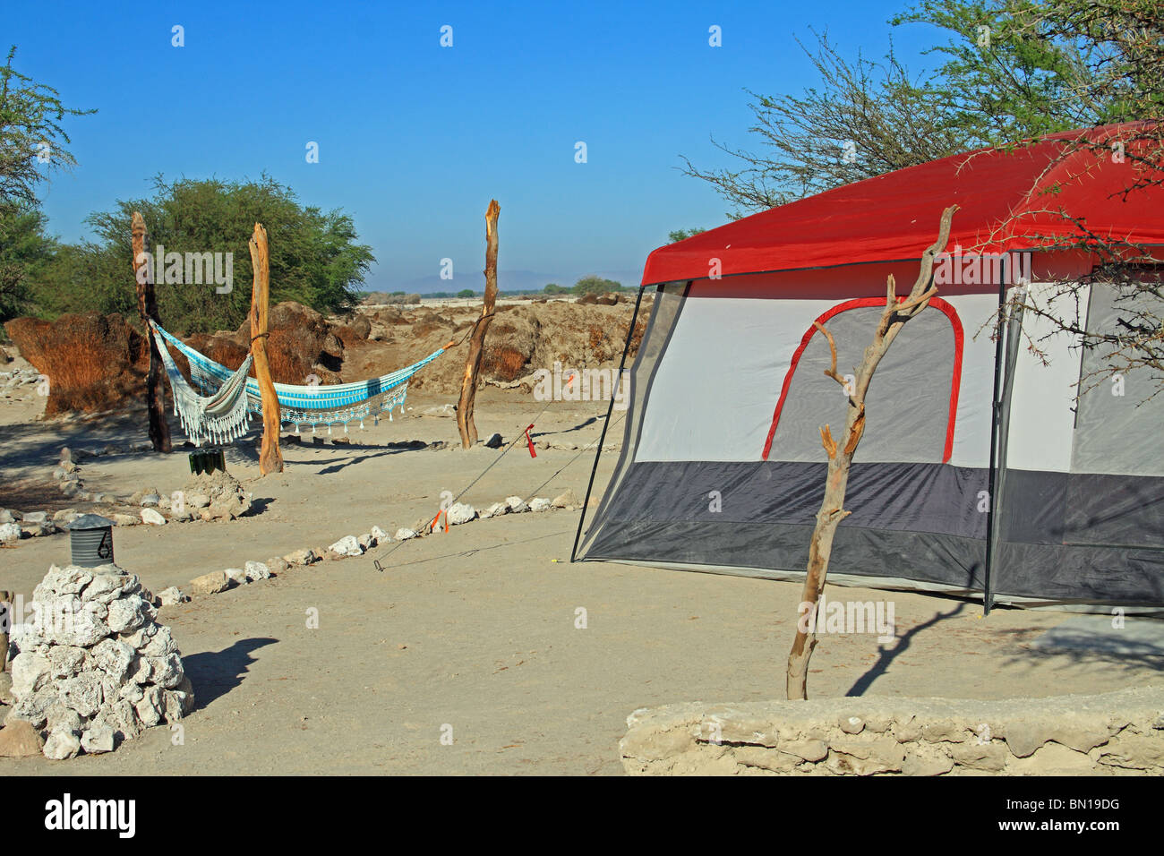 El Huarango campsite, near Pica, Atacama Desert, northern Chile Stock ...