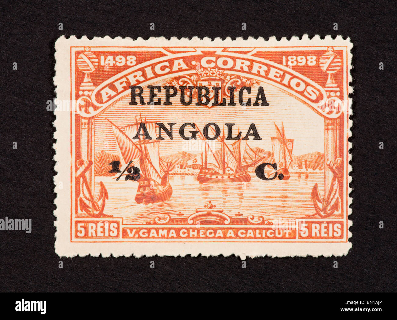 Postage stamp from Angola depicting Vasco da Gama's ships at Calicut ...