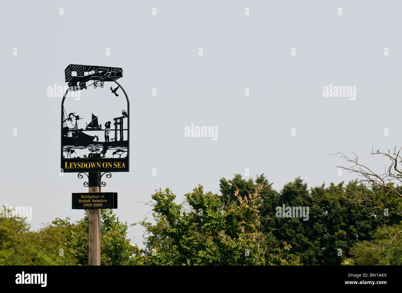 Leysdown on Sea village sign on the Isle of Sheppey in Kent Stock Photo ...