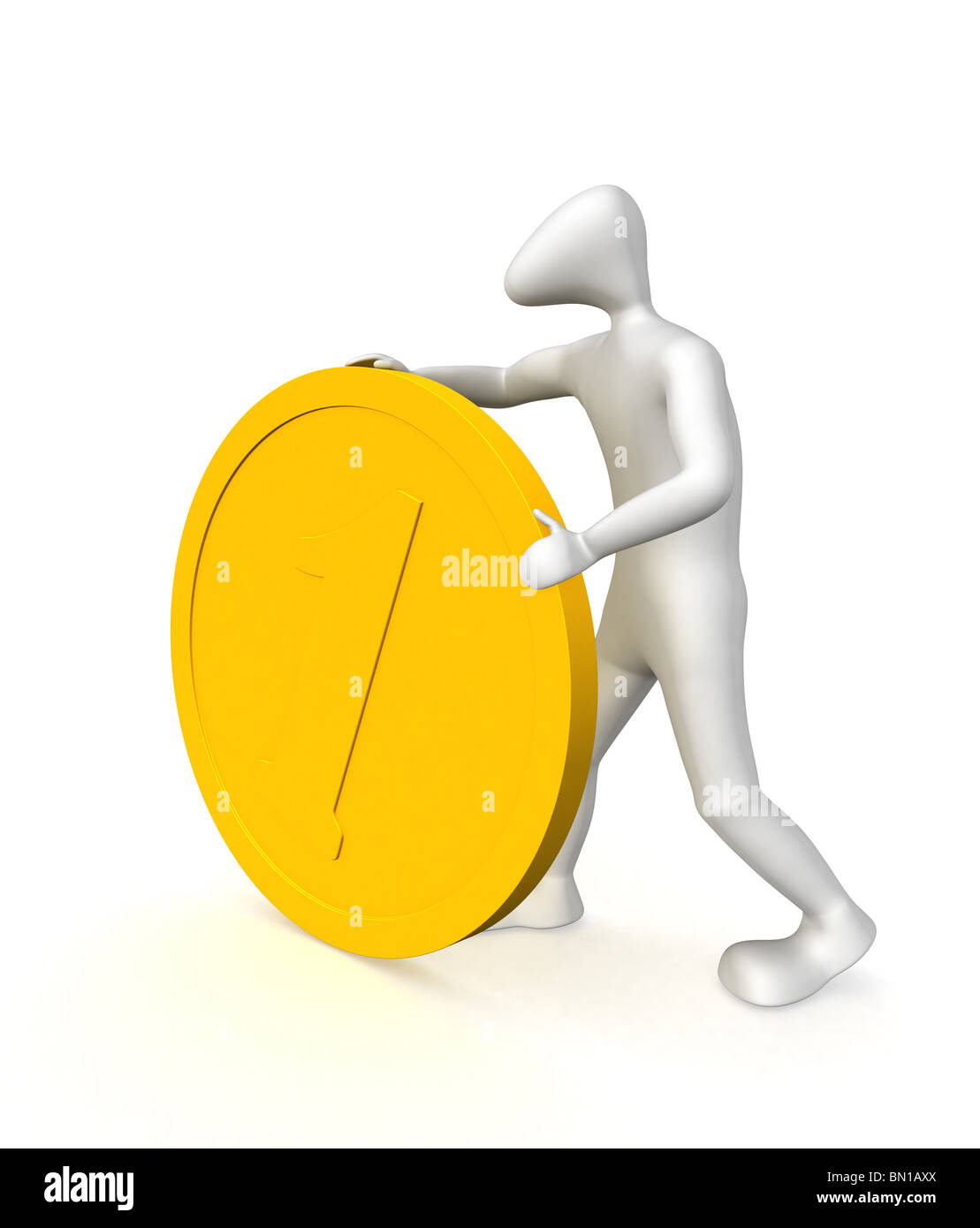 3D human rolls big coin with the number "1 Stock Photo - Alamy