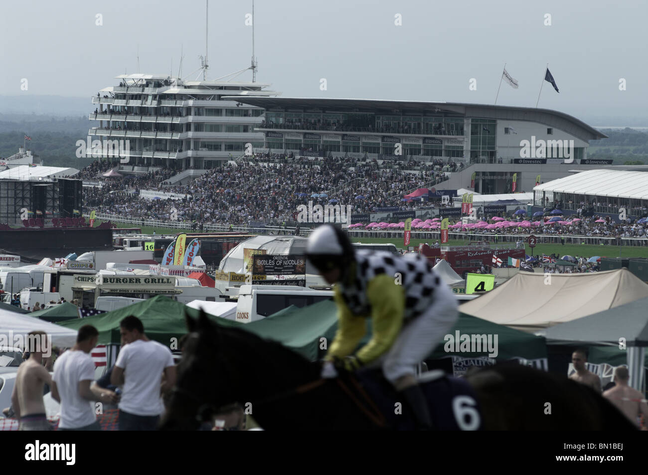 Epsom racecourse from Tattenham Corner showing the grandstand and and ...