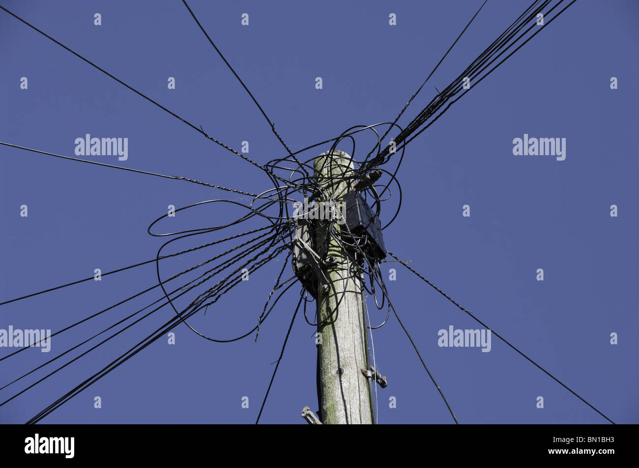 Telephone with multiple wire connections in a village in England Stock ...