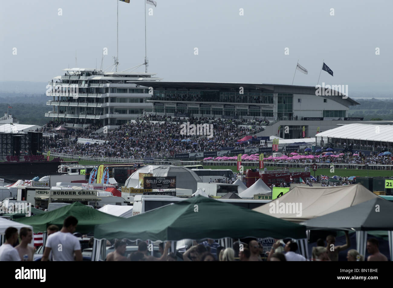 Epsom racecourse from Tattenham Corner showing the grandstand and and ...