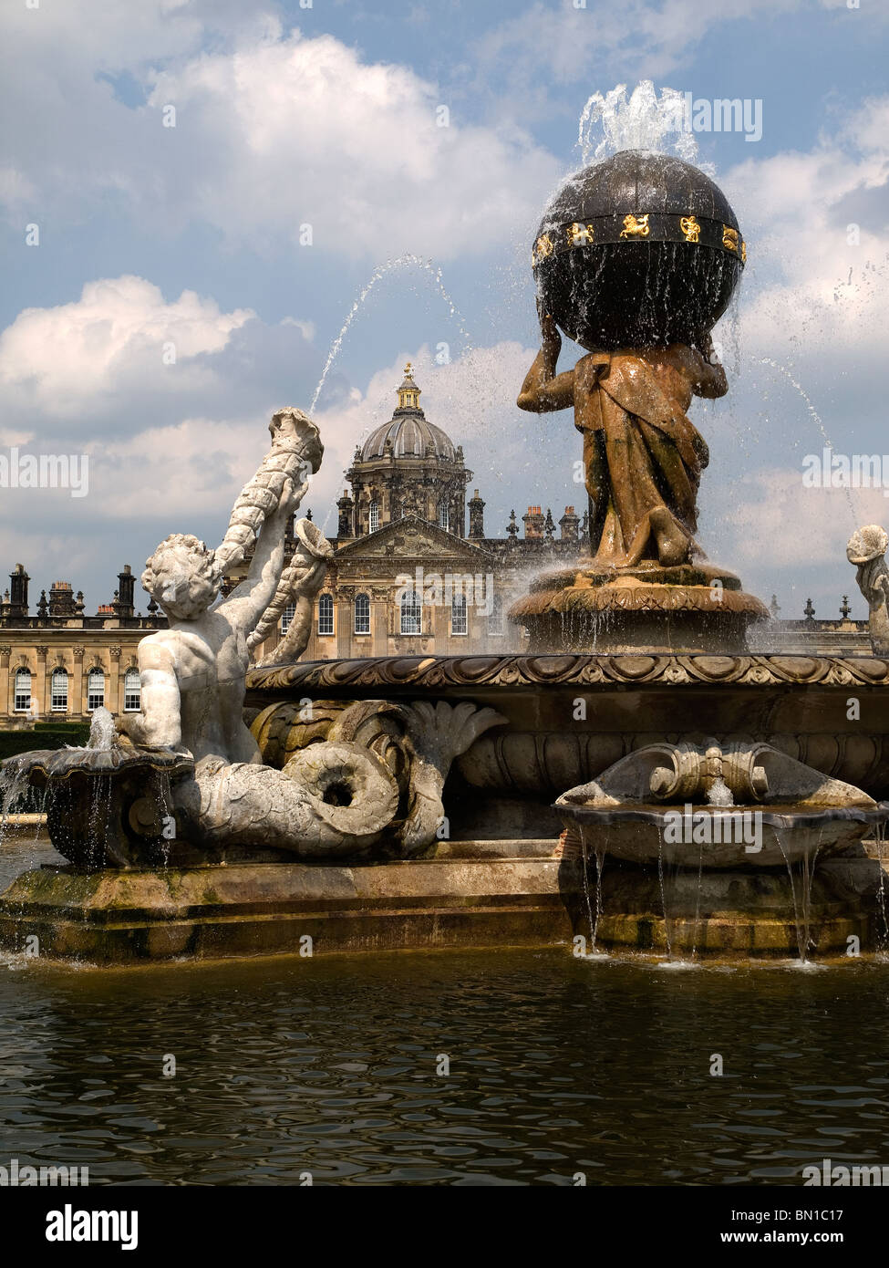 The Atlas fountain at the south aspect of the stately home at Castle ...