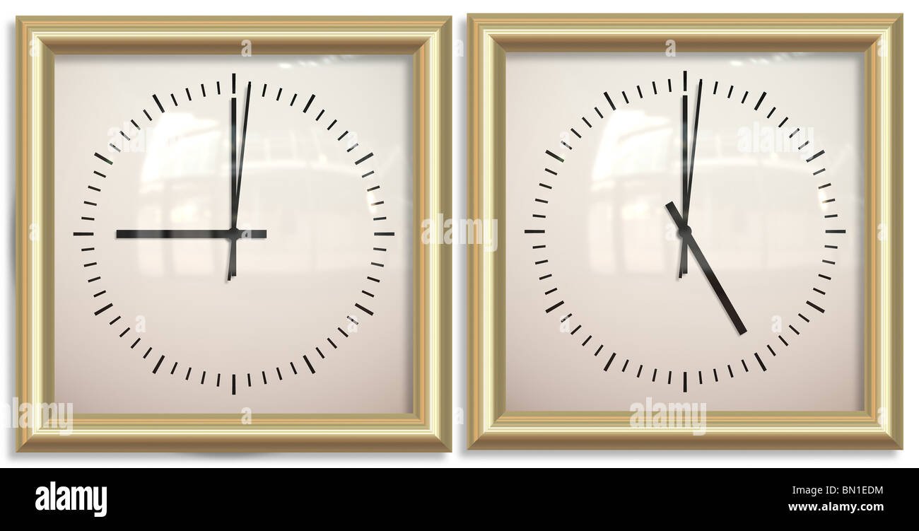 two clocks showing nine to five office hours Stock Photo - Alamy