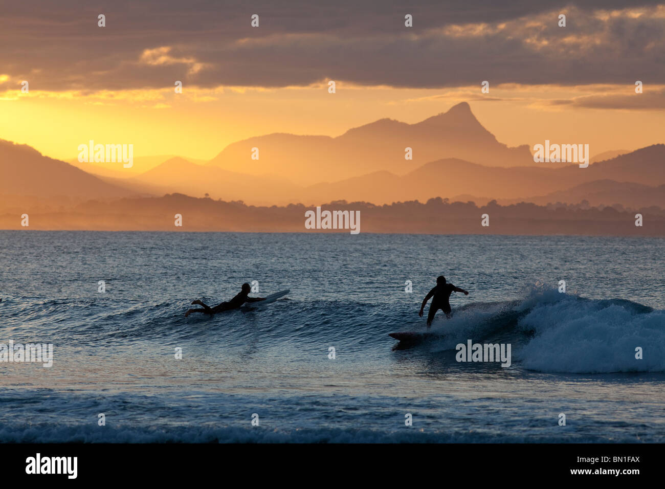 Surfers at sunset, The Pass, Byron Bay, New South Wales, Australia ...