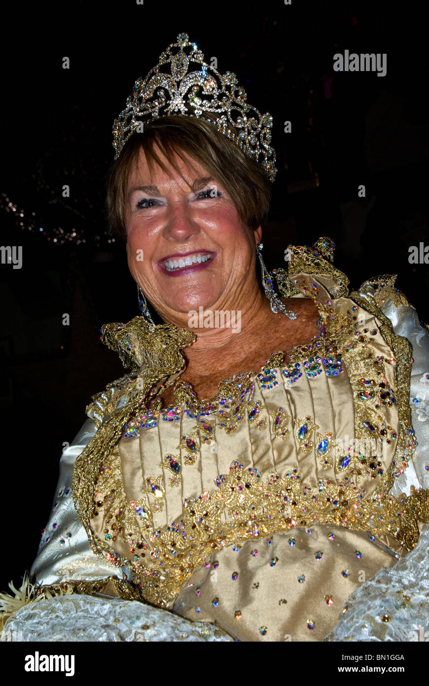 Mardi Gras Museum Krewe Queen wearing glittering rhinetone studded ...