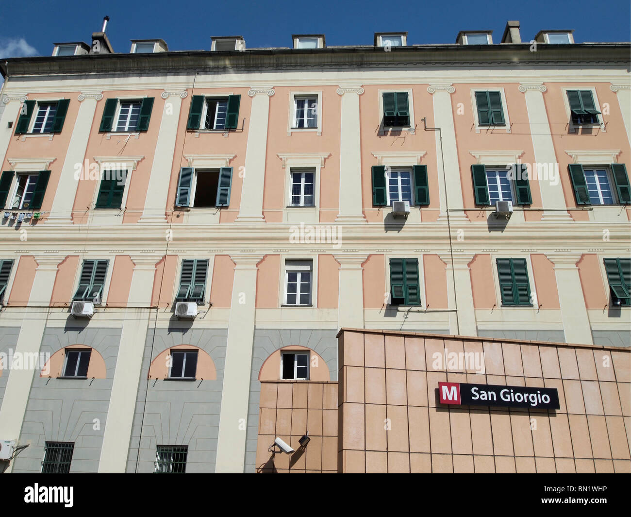 typical building and underground sign in the centre of Genoa - Ligury ...
