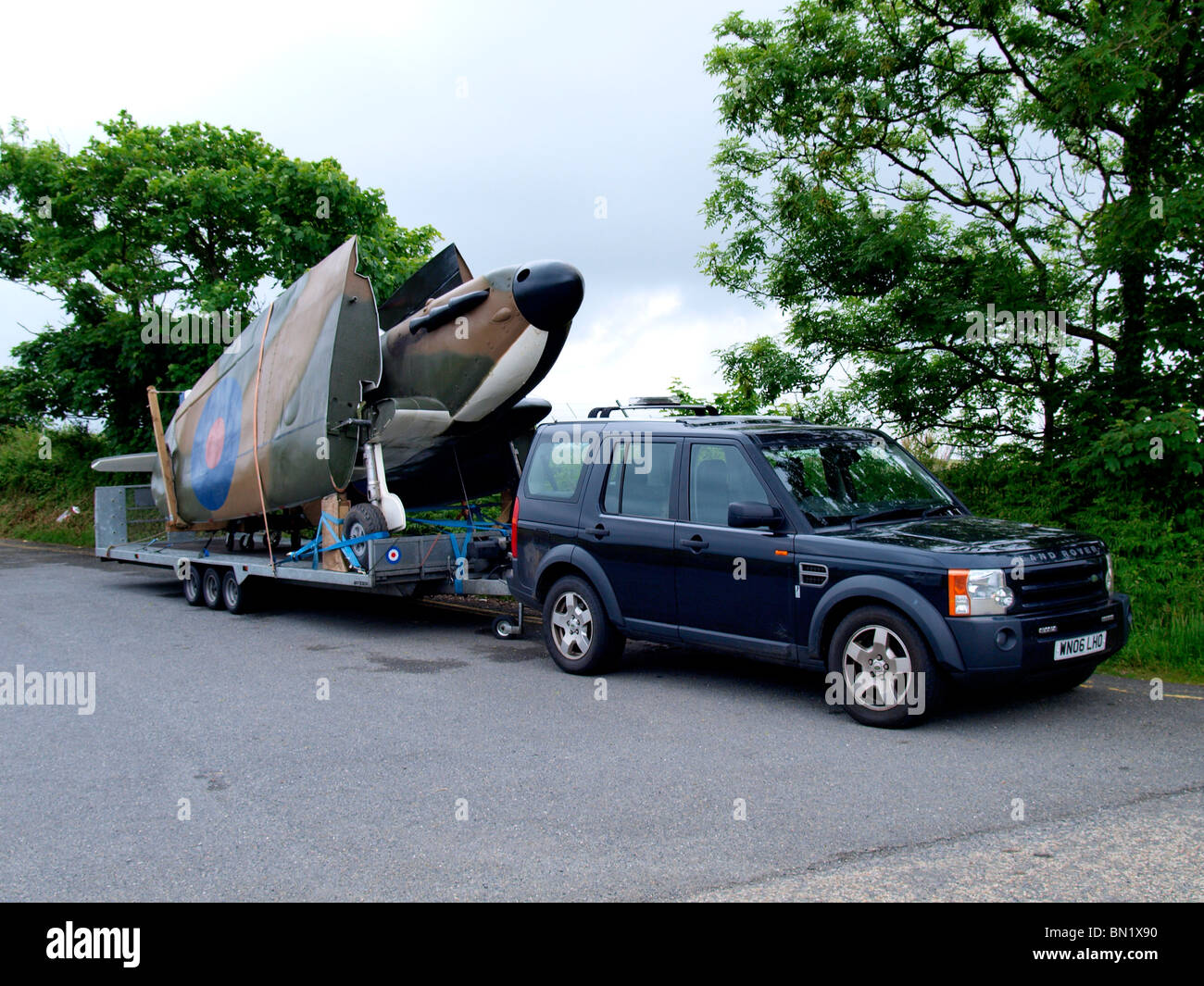 Spitfire on a trailer, Newquay, Cornwall, UK Stock Photo - Alamy