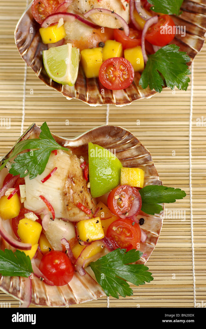 Scallop-Salad in a Shell with Various Vegetables, Scallop Ceviche, a ...