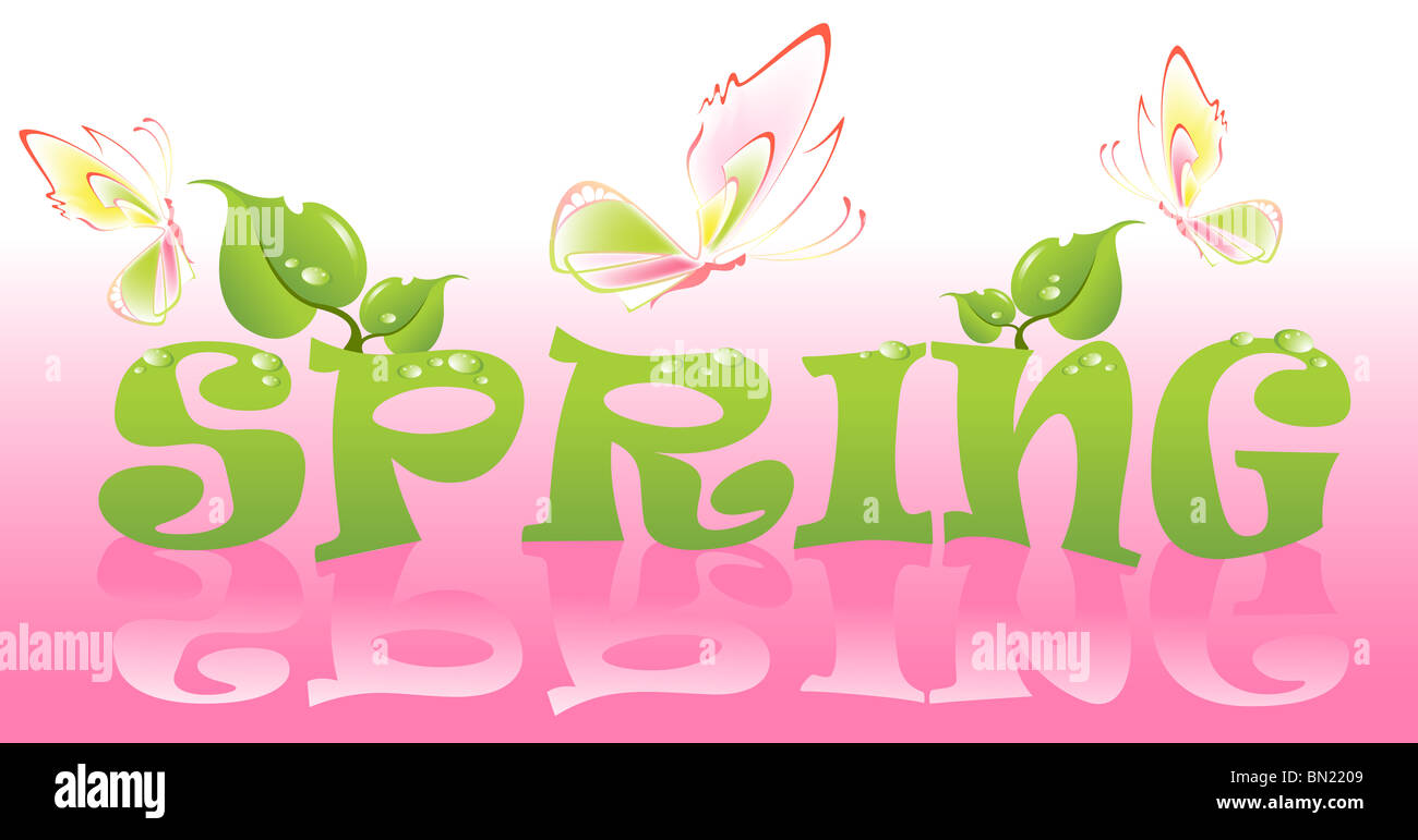 Beautiful word Spring with leaves on a bright background Stock Photo ...