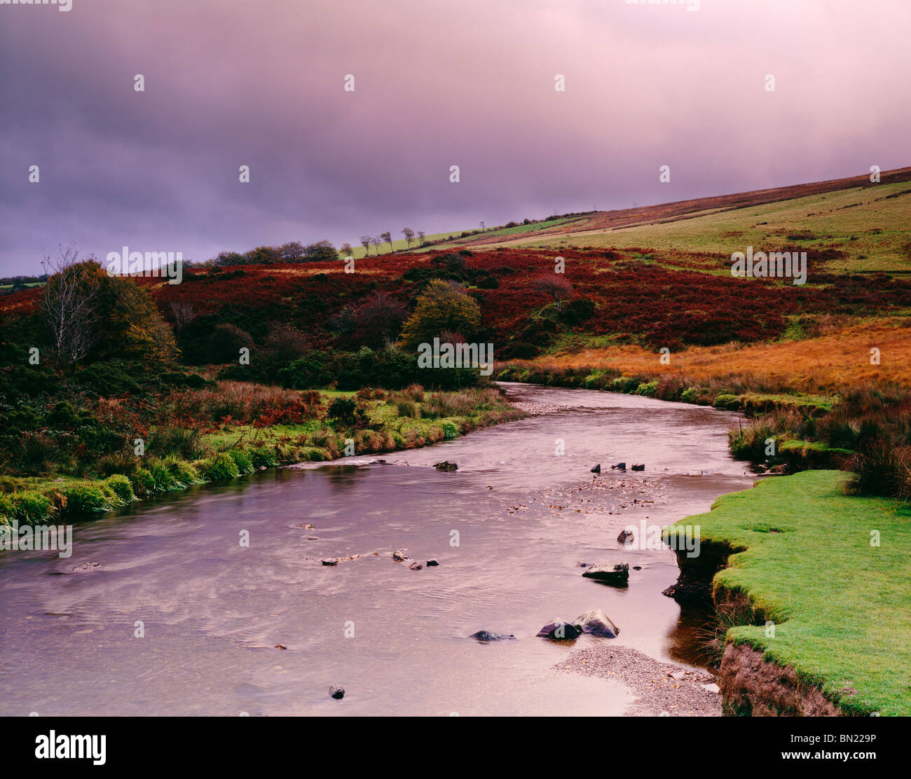 A pink dusk sky over the River Barle and Withypool Common from Landacre ...