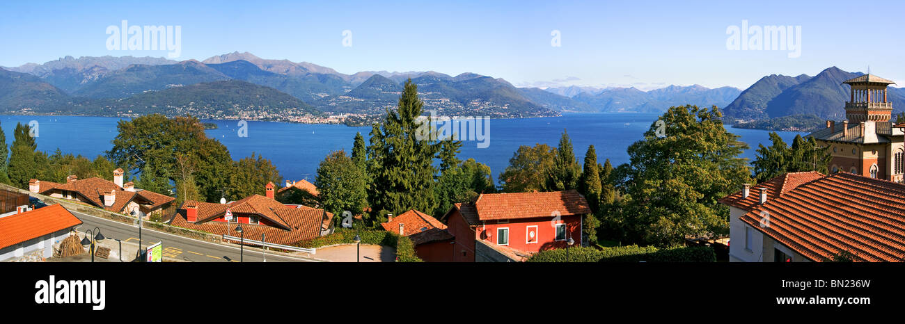 Aerial panoramic view on Lake Maggiore among the mountains in northern ...