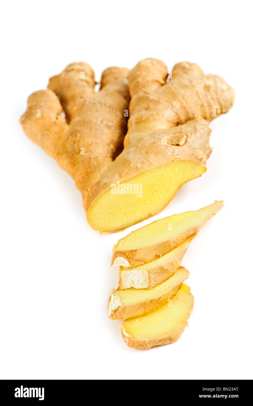 Sliced ginger root spice isolated on white background Stock Photo - Alamy