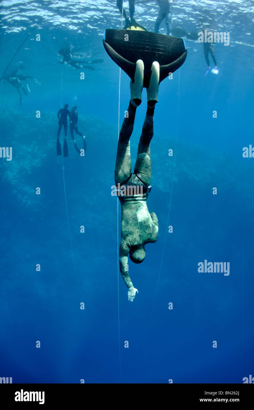Freediver starts his descent from the surface to the depth. There are ...