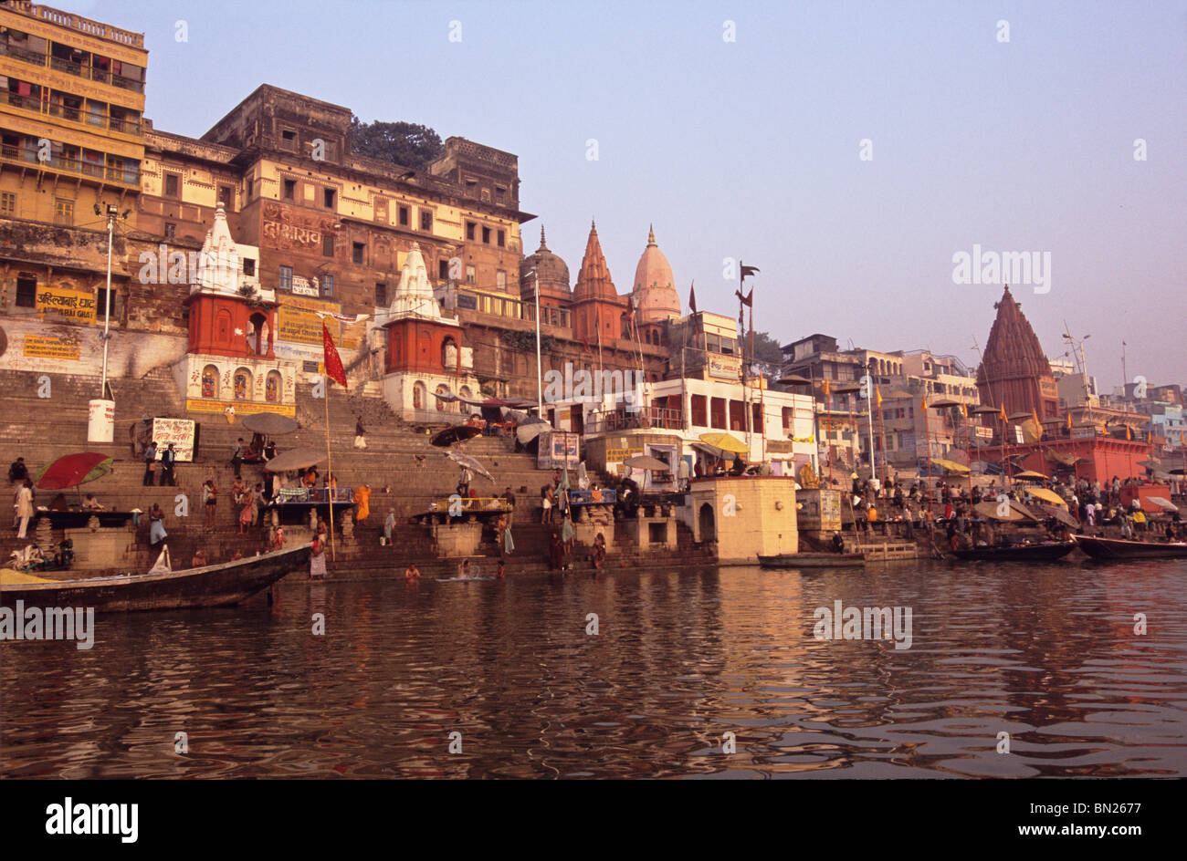 Hindu pilgrims come to bath in the sacred Ganges Varanasi India Stock ...