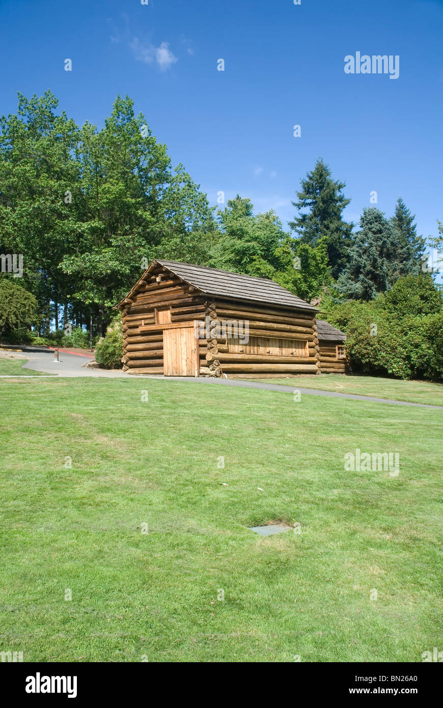 Log cabin style building in park in Crossroads, Bellevue, Washington ...