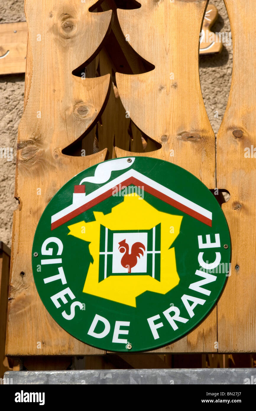 Gites de France sign on traditional Alpine hotel in French Alps Stock ...