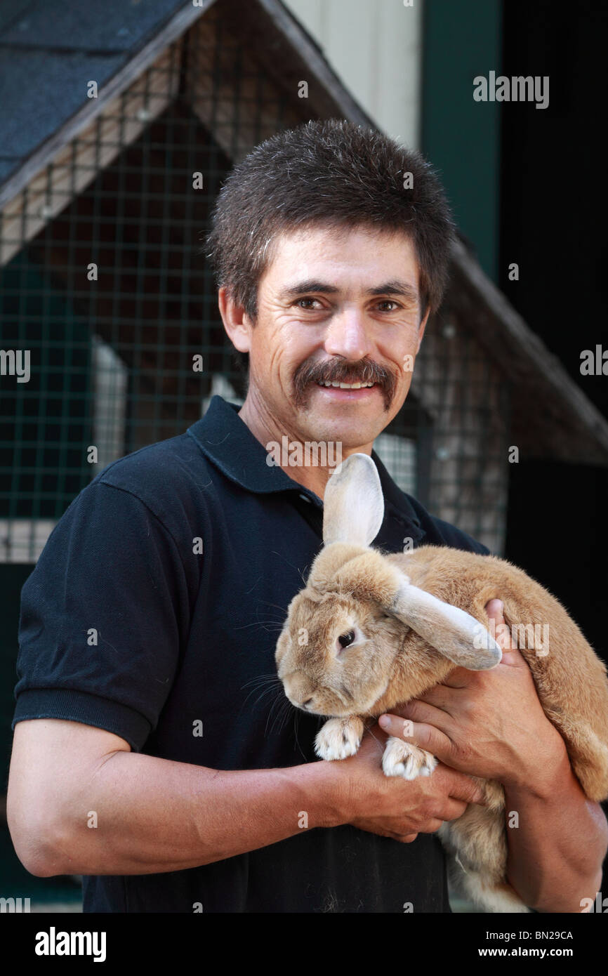 Hispanic man holding rabbit Stock Photo - Alamy