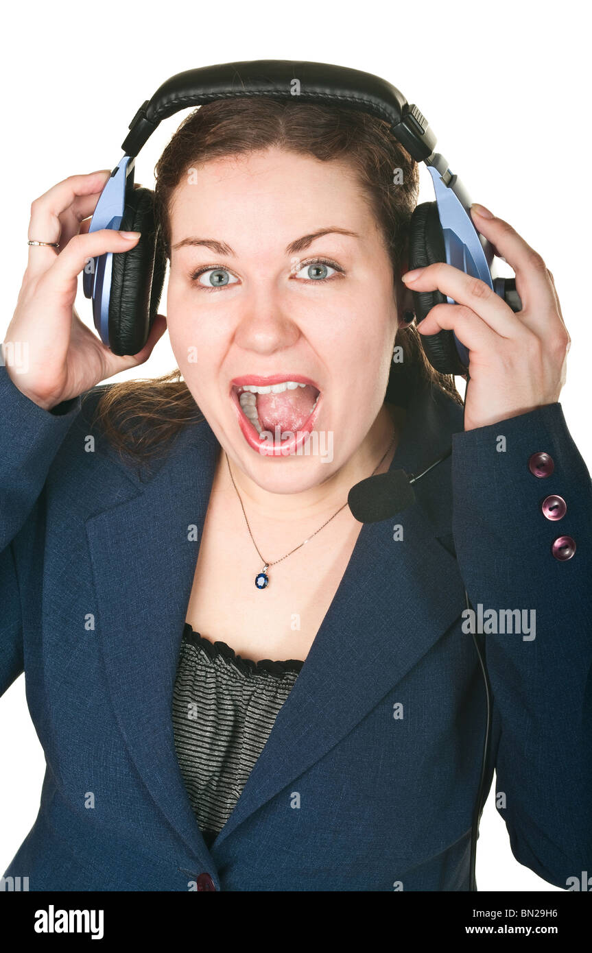 Laughing happy operator young woman in a call center. Isolated on white ...