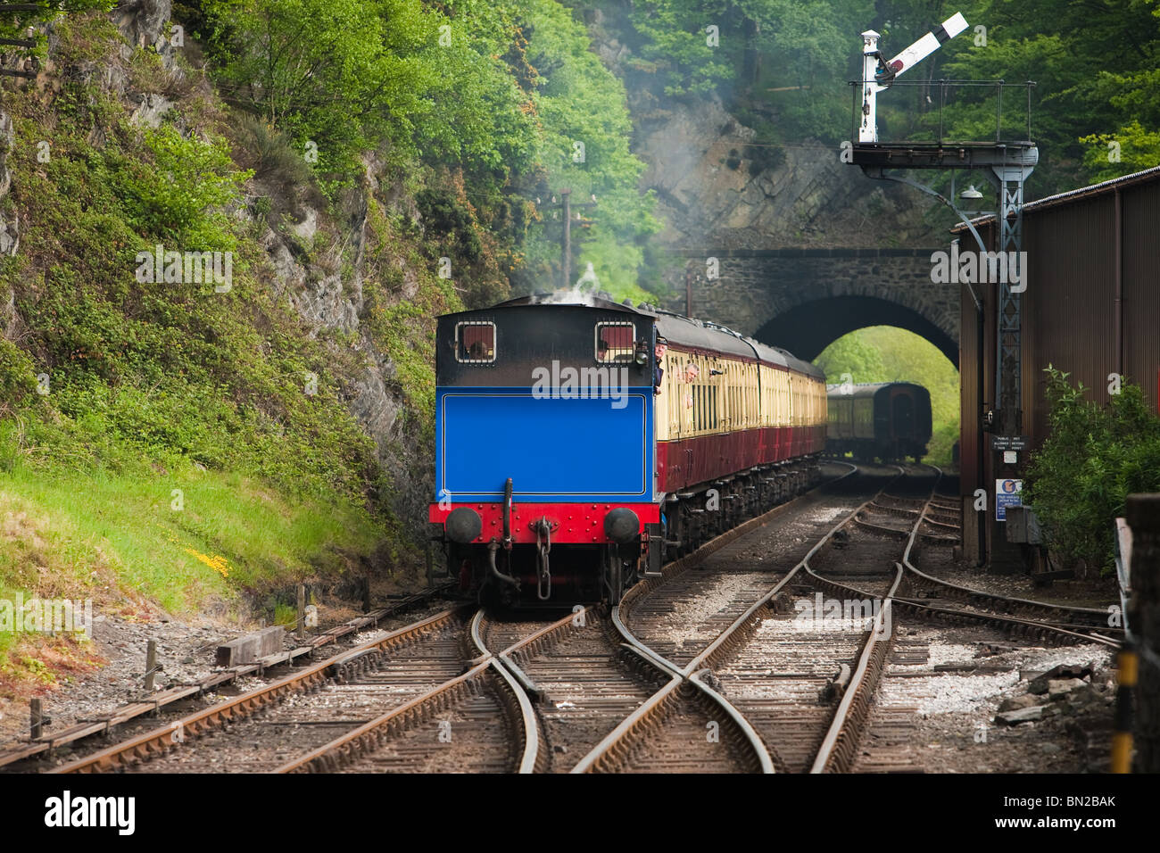 Steam train reversing into Haverthwaite Station on the Lakeside and ...