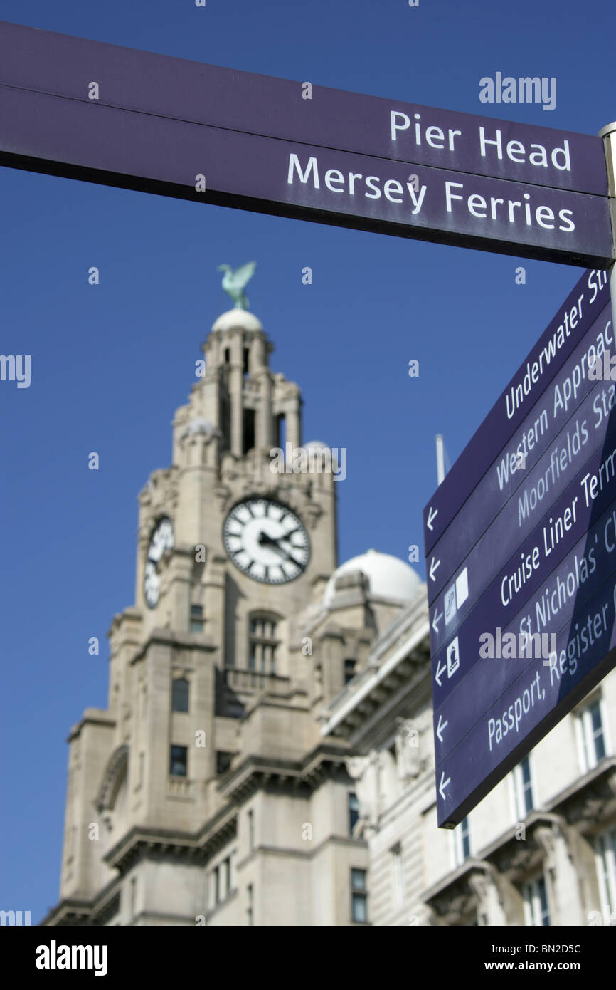 City of Liverpool, England. Tourist direction sign at Pier Head ...