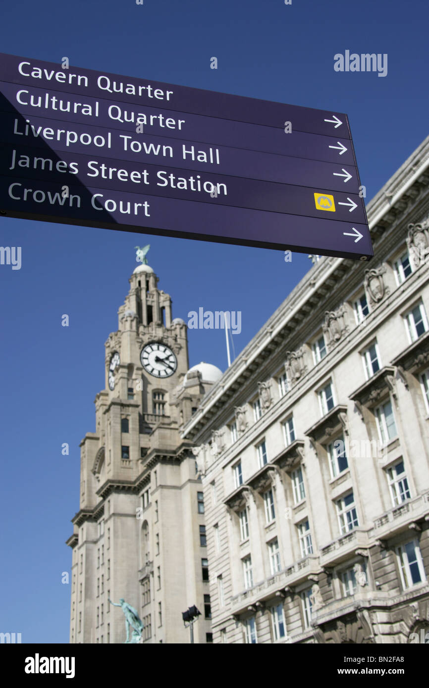 City of Liverpool, England. Tourist direction sign at Pier Head ...