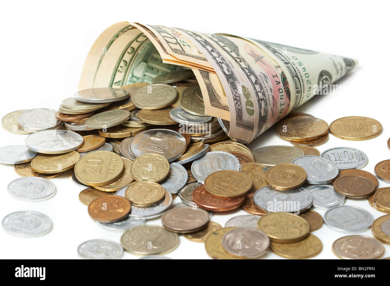 horn from dollar denominations with fine coins Stock Photo - Alamy