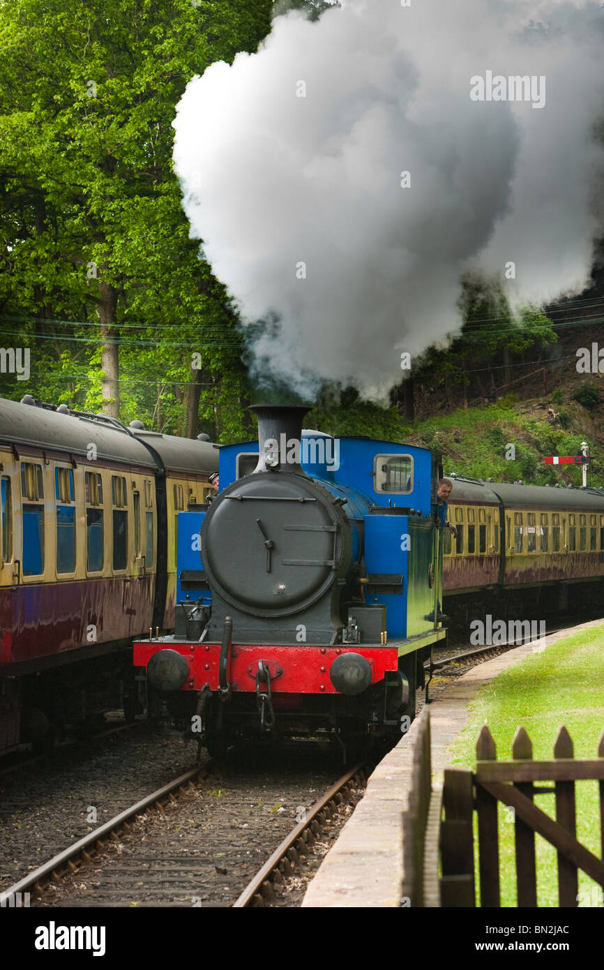Steam train showing steam and smoke while leaving Haverthwaite Station ...