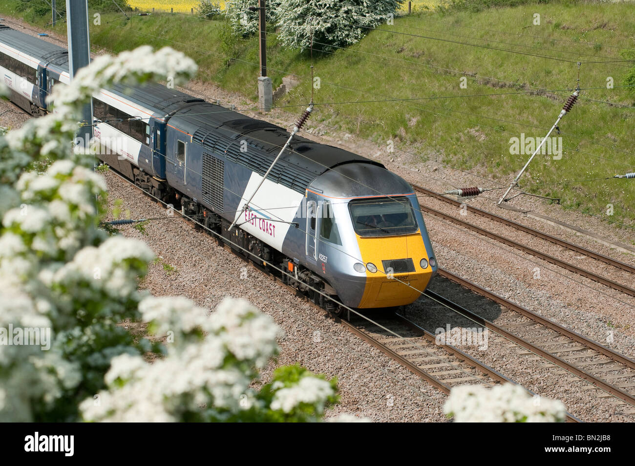 East Coast class 43 125 high speed passenger train travelling at speed along the east coast main ...