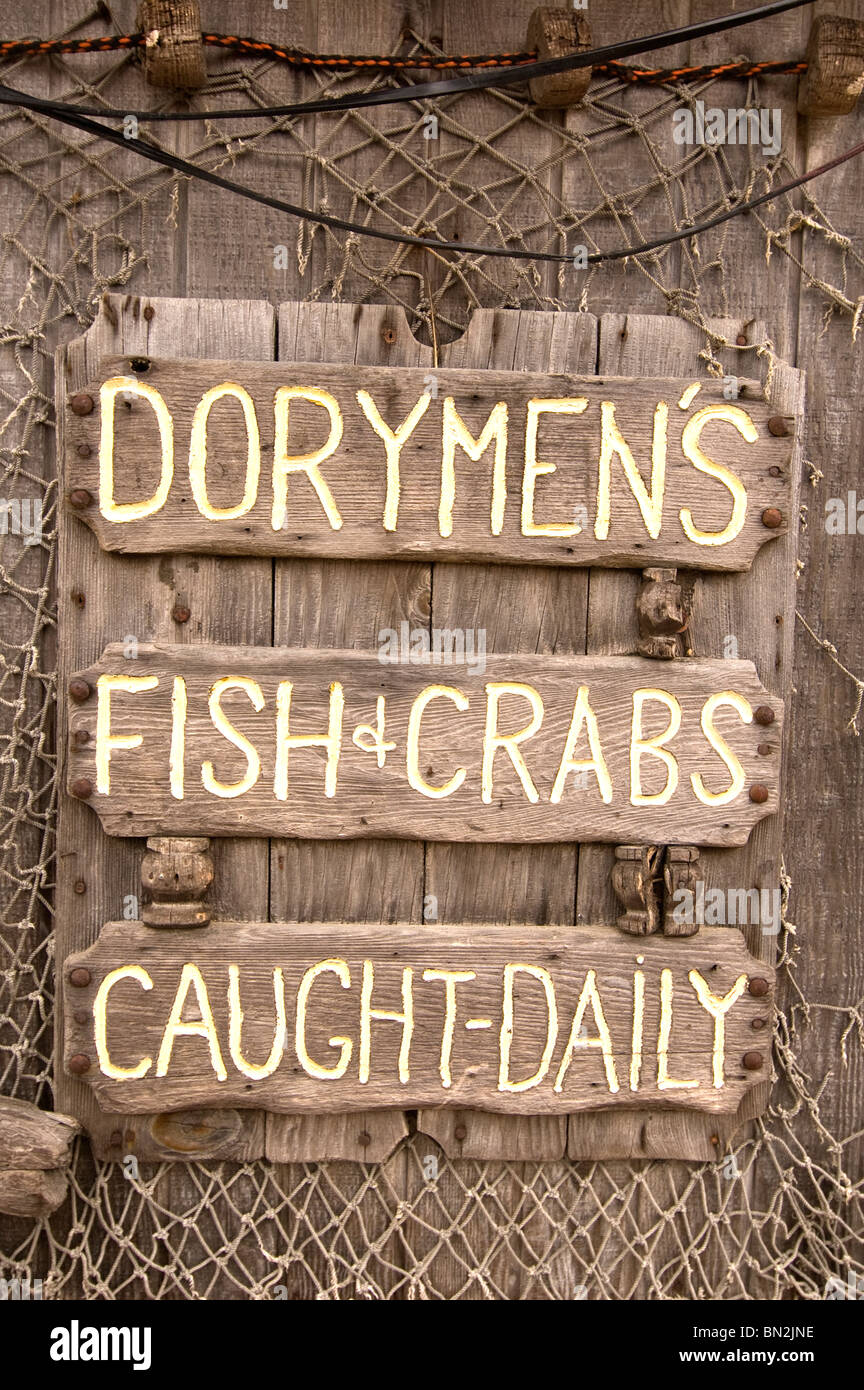 The Dorymen "fish and crabs caught daily" sign at the Newport Beach ...