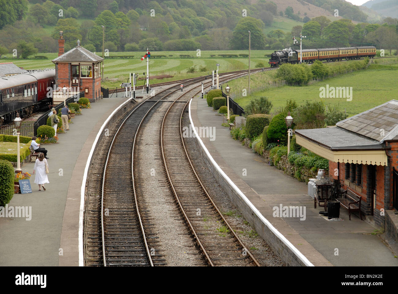 Steam train of Llangollen Railway approaching Carrog Station, Wales, UK ...