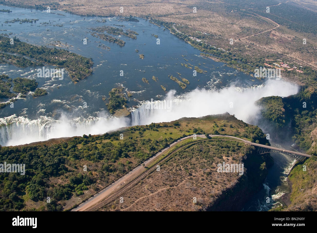 Victoria falls aerial view with Victoria falls bridge in the foreground ...