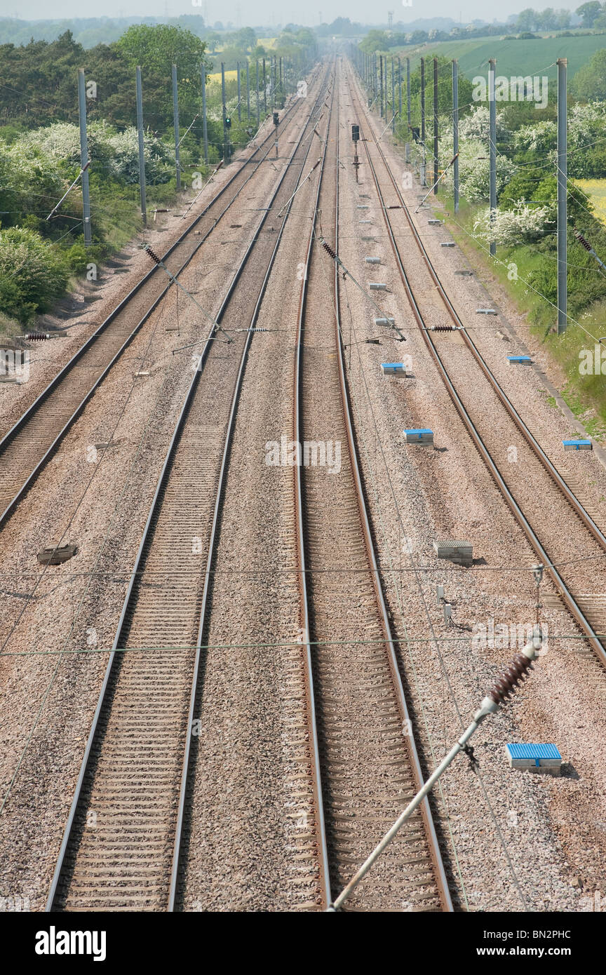 Empty railway track on the east coast main line stretching into the ...