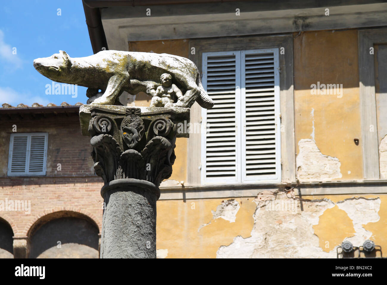 A column depicting a she-wolf suckling infants Romulus and Remus, the ...