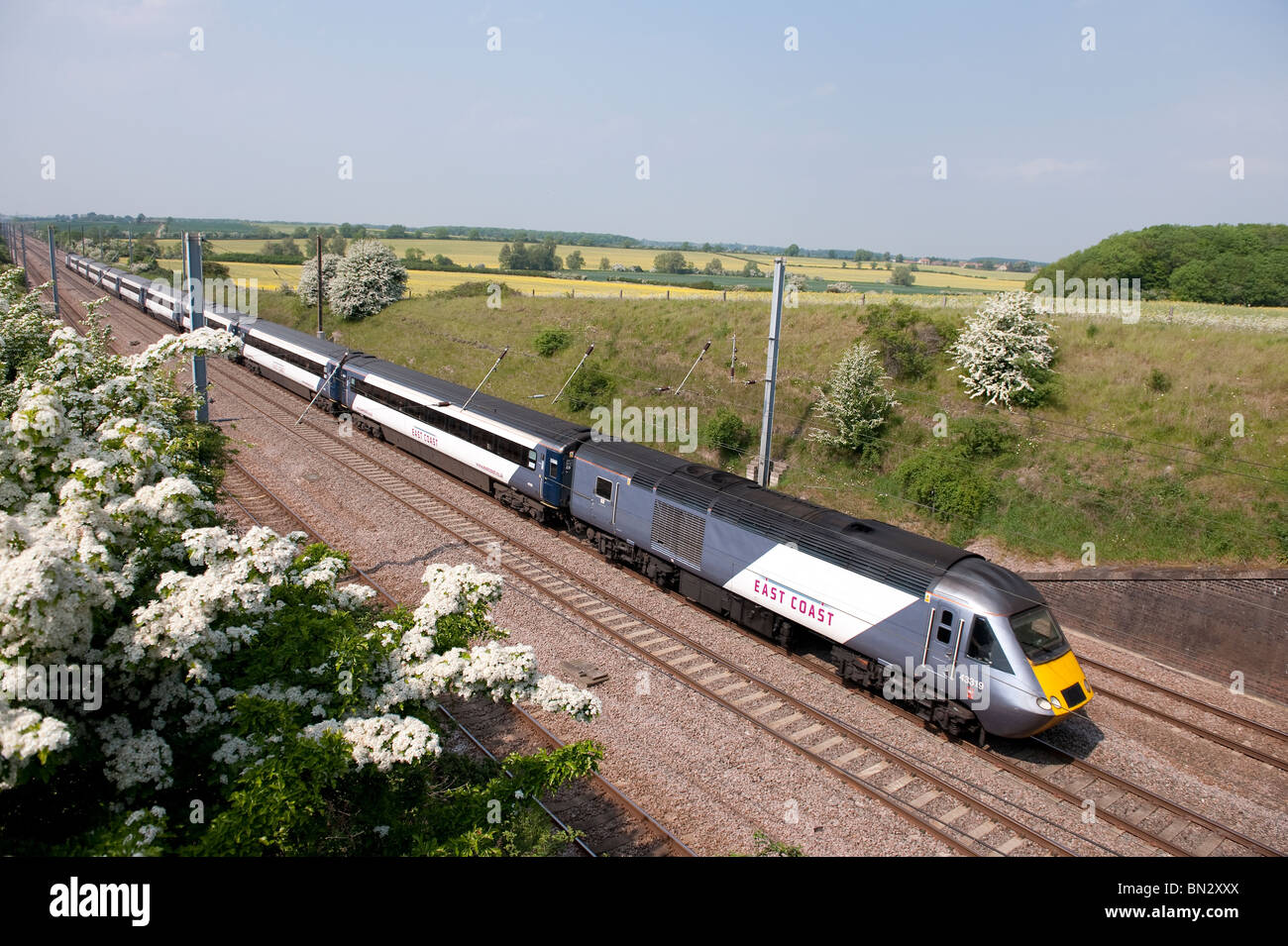 East Coast class 43 125 high speed passenger train travelling at speed along the east coast main ...