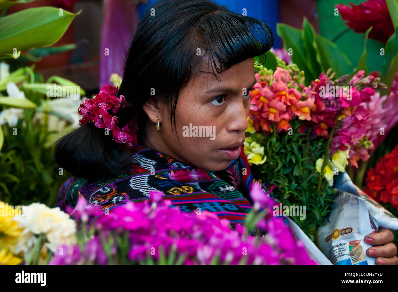 Mayan Indigenous woman Flower vendor Panajachel Guatemala Stock Photo ...