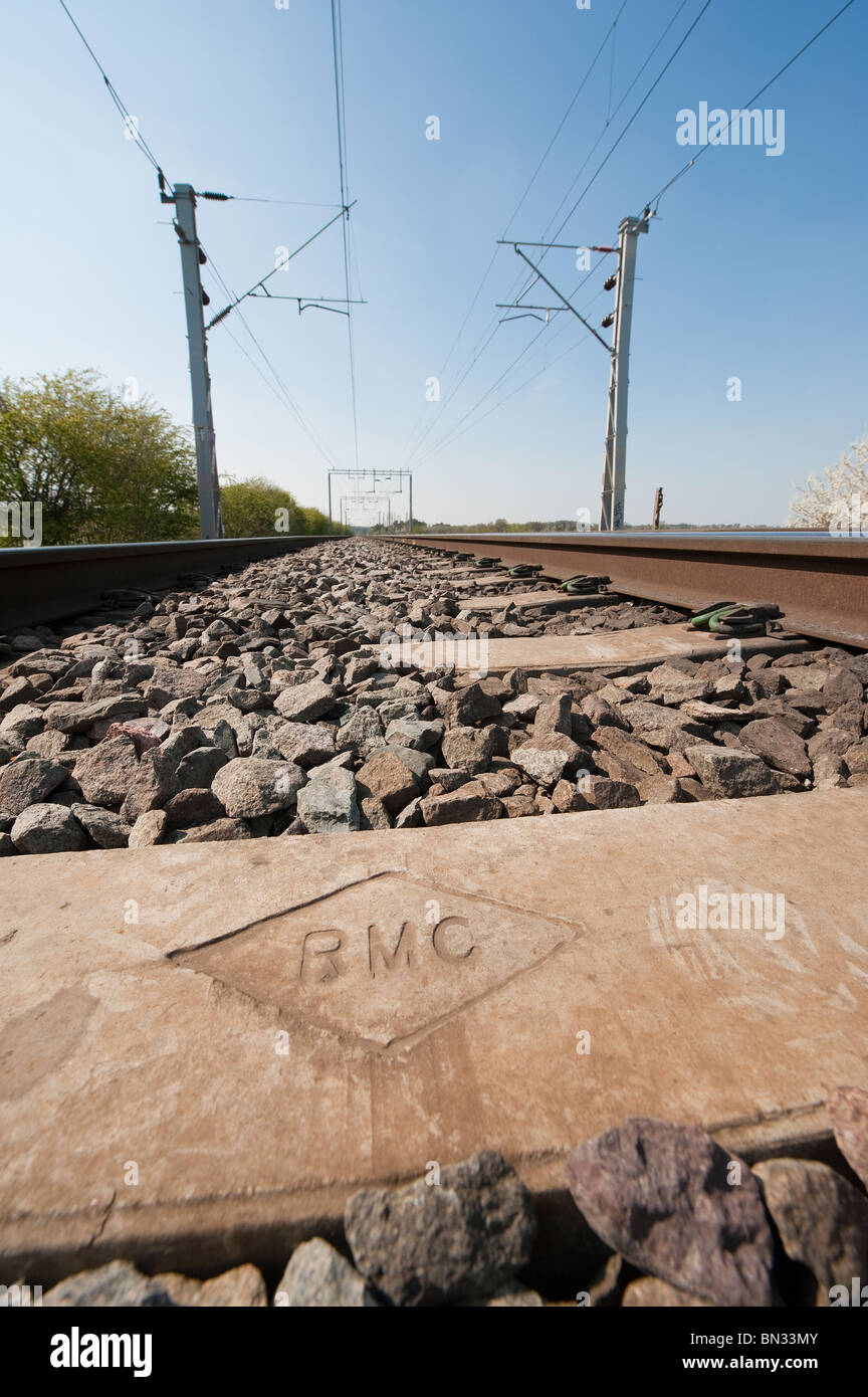 Low down view of empty railway track stretching into the distance Stock ...