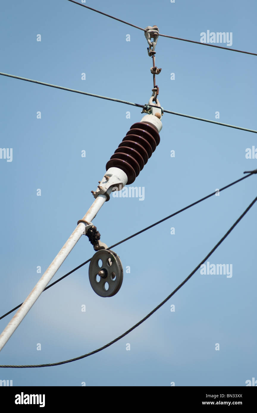 Overhead electrical lines on east coast main line railway, England ...
