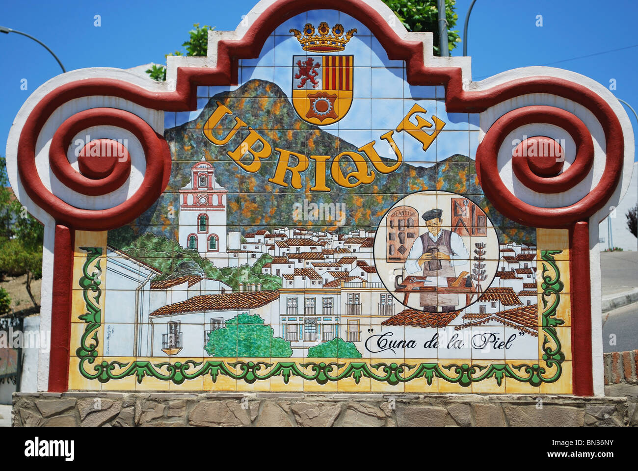 Town welcome sign, Ubrique, Cadiz Province, Andalucia, Spain, Western ...