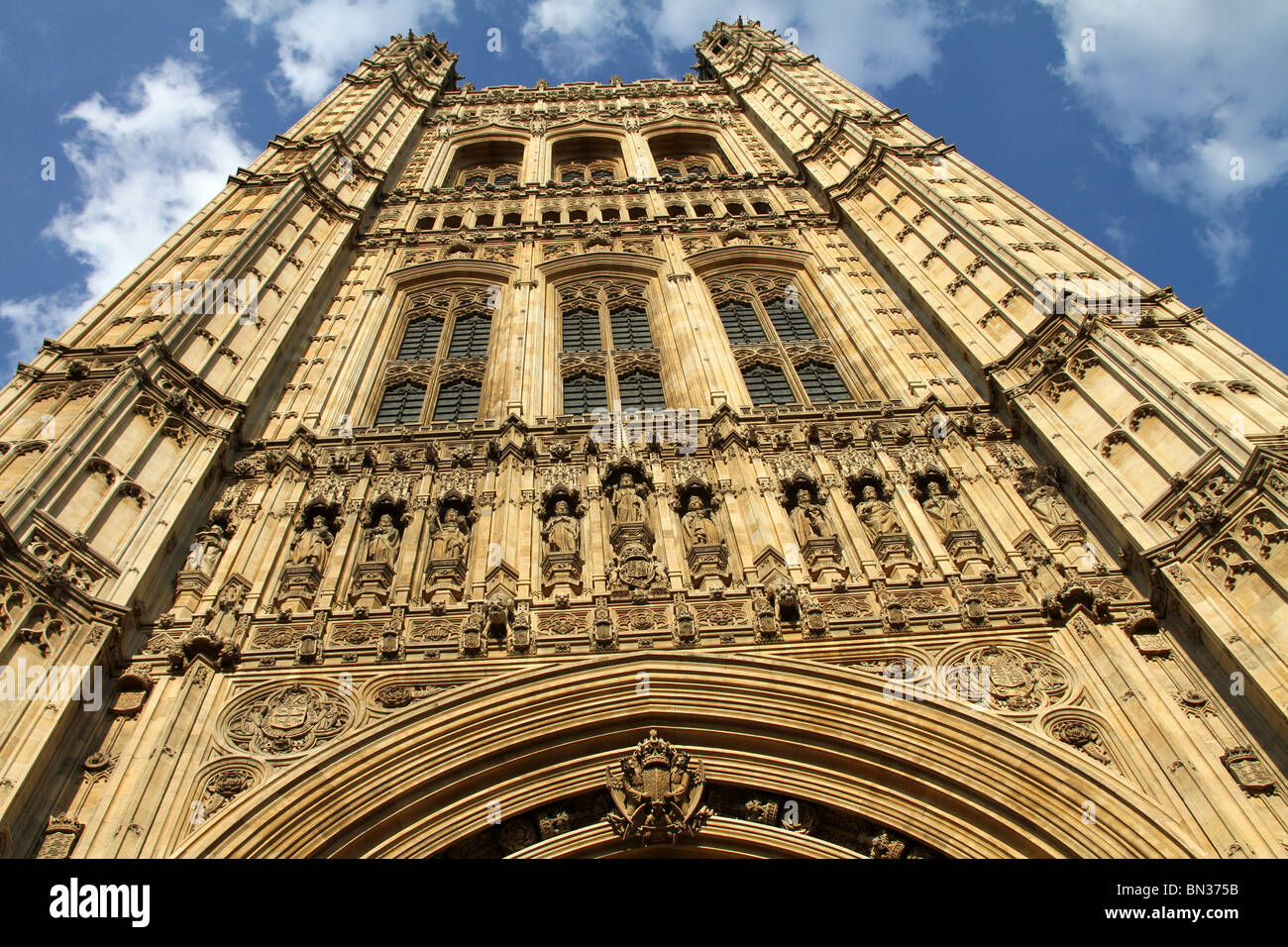 Architecture above the arch and gate on Victoria Tower of the Houses of Parliament in the Palace ...