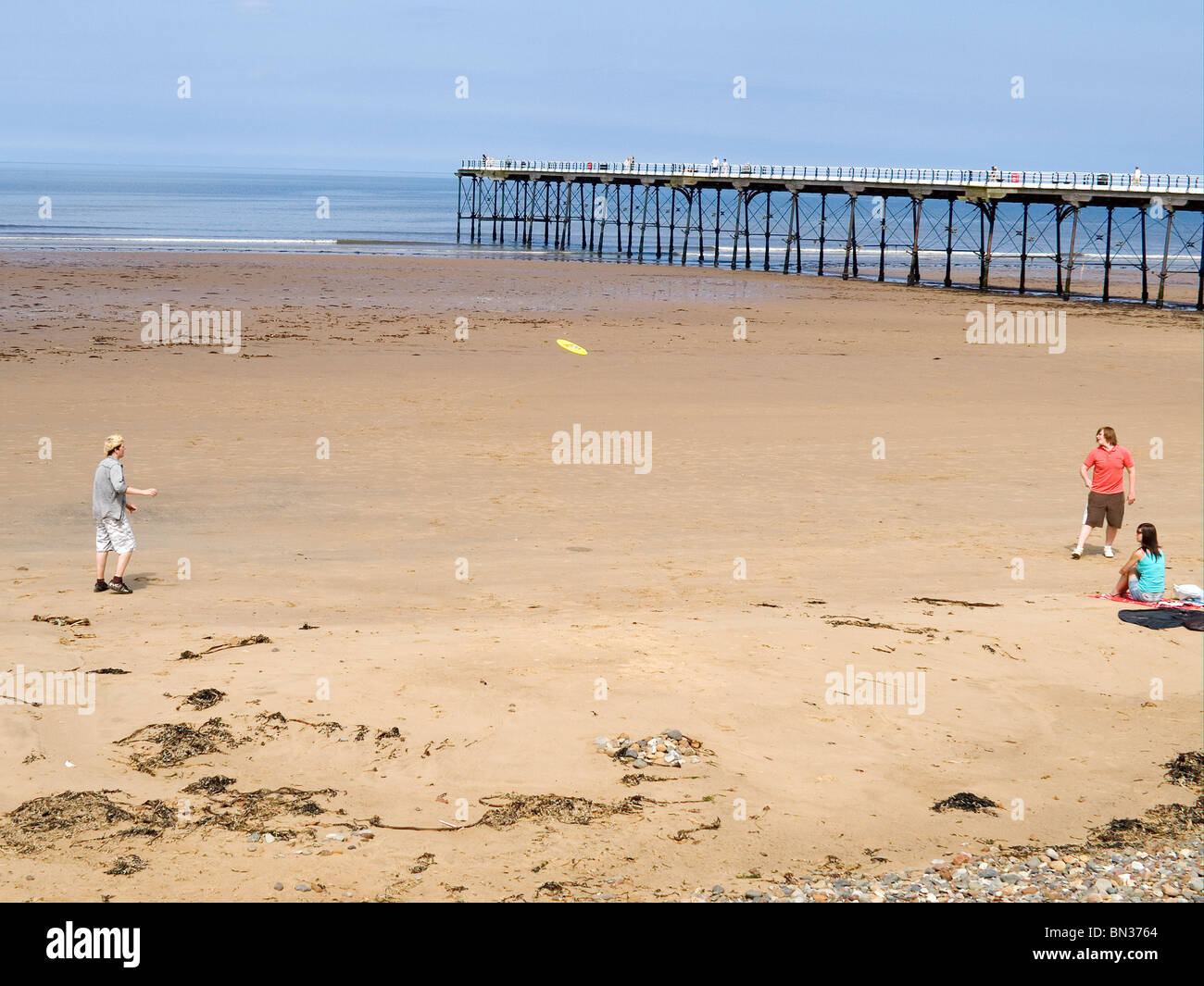 Throwing a Frisbee on a nearly deserted beach by the pier in high ...