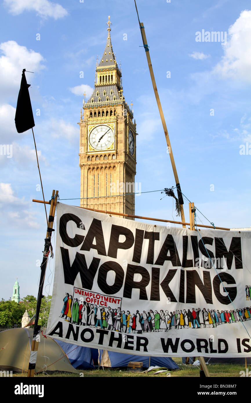 Parliament Square Peace Camp and Big Ben with anti Capitalism ...
