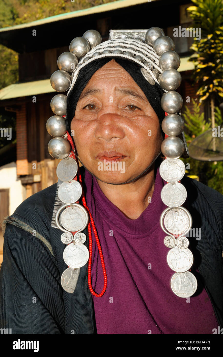 Portrait of a woman Akha wearing traditional clothes in Dao city, hill ...