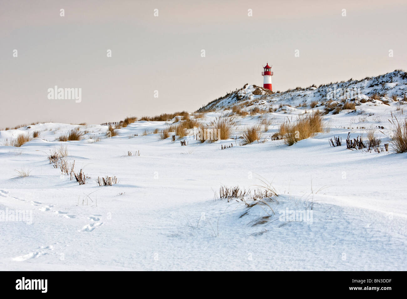 Lighthouse and winter landscape, List, Sylt, Schleswig-Holstein ...