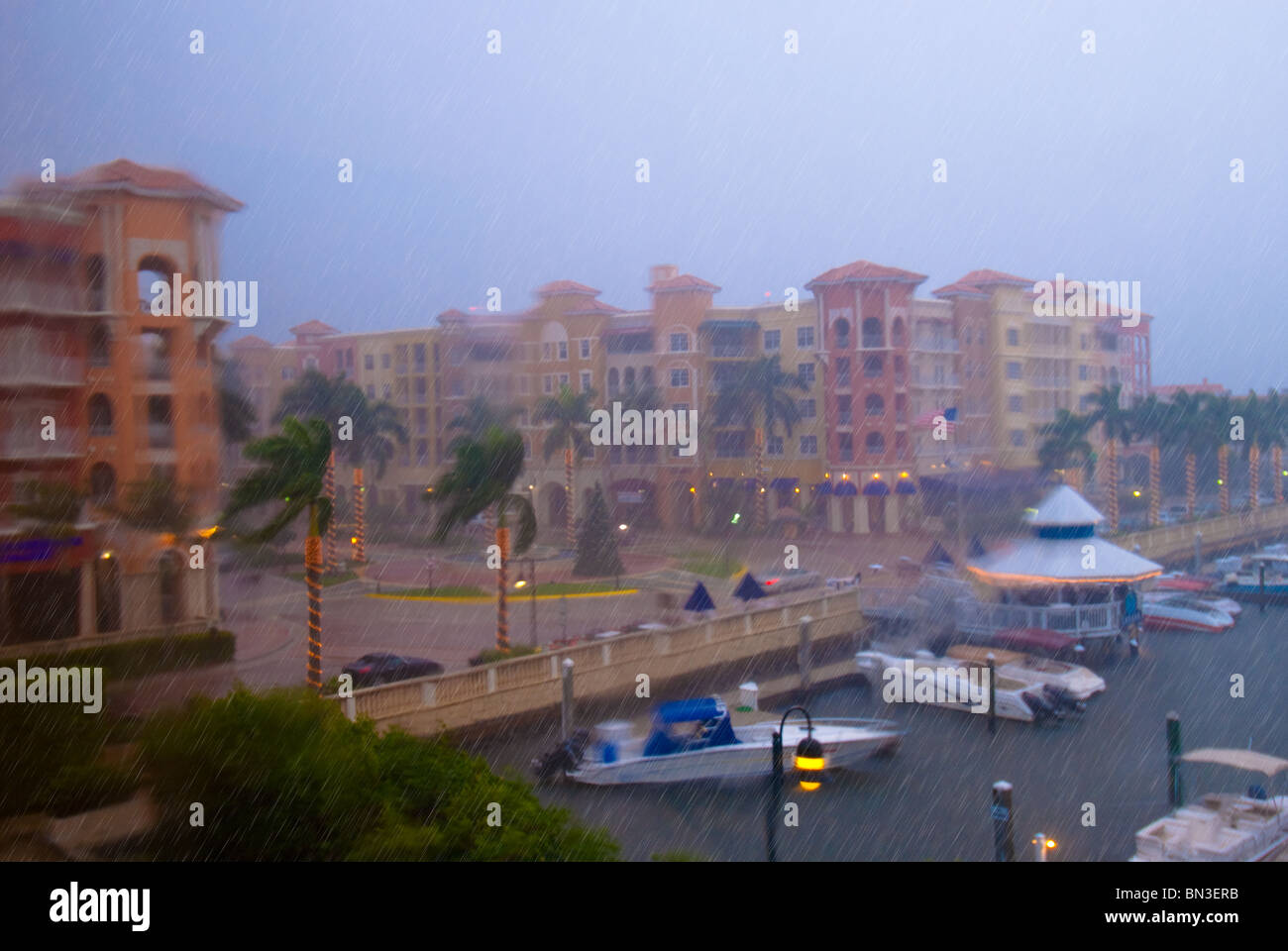 Tropical rain storm buffeting Bayfront in Naples, Florida, USA Stock ...