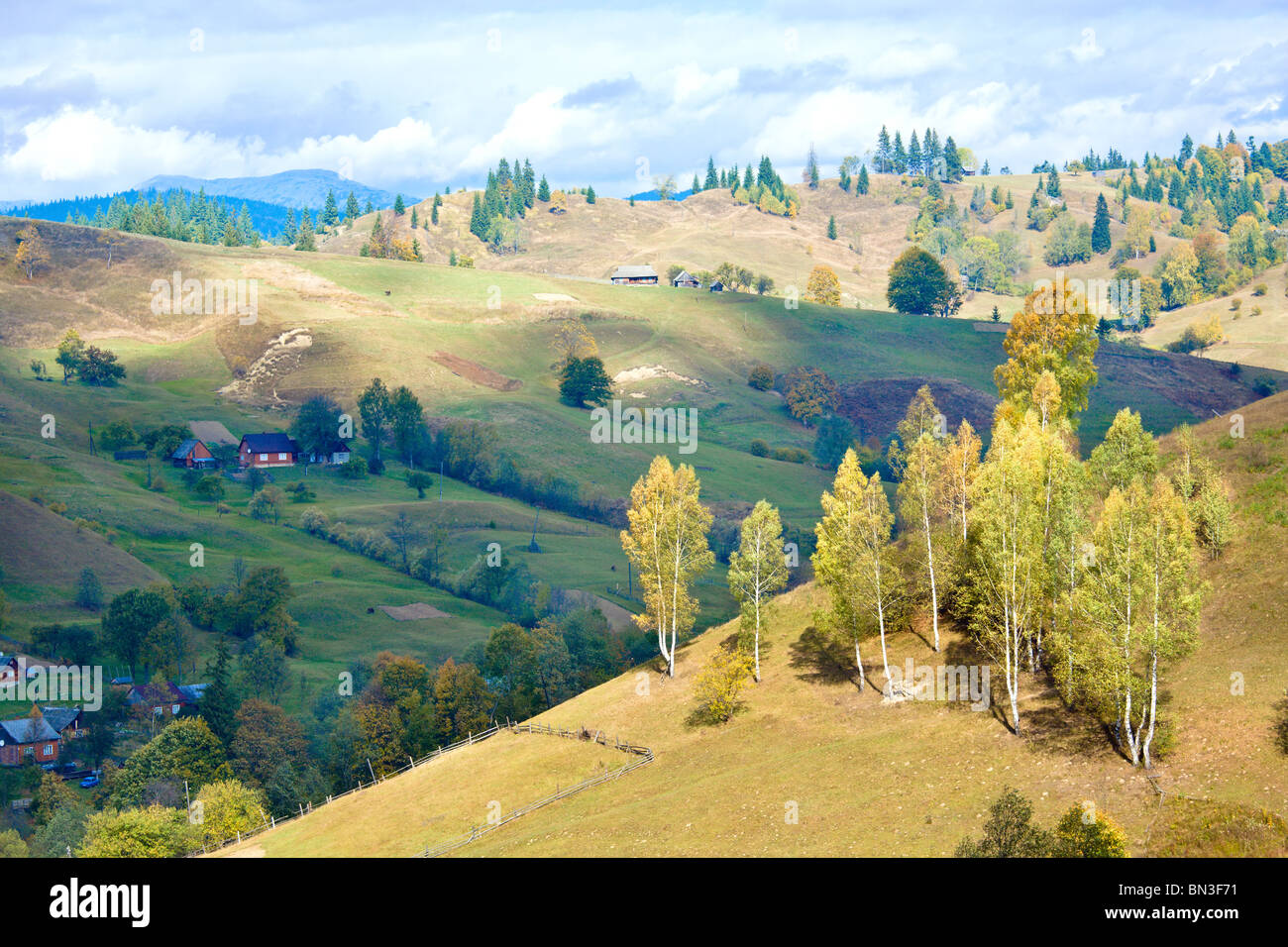 beautiful autumn mountain and small village on mountainside (Carpathian ...