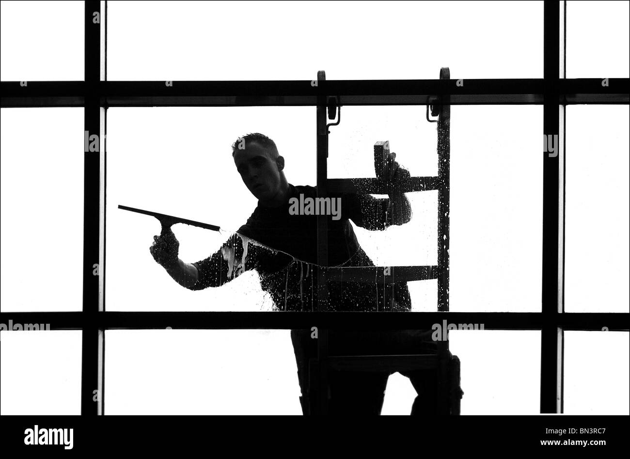 Silhouette of window cleaner cleaning window Stock Photo - Alamy
