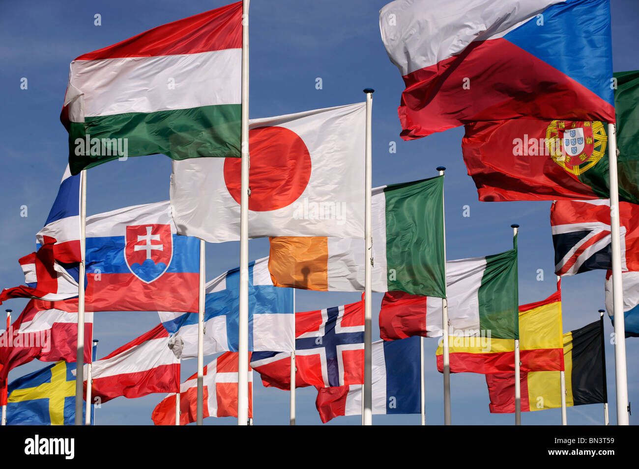 National flags fluttering against sky Stock Photo - Alamy