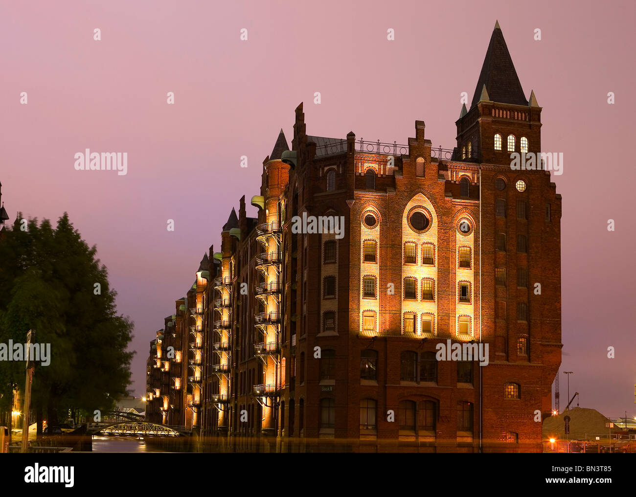Buildings lit up at night Stock Photo - Alamy